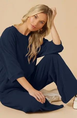 SOFTIES Terry Cropped Sleeve Crew Neck With Wide Leg Pant - Midnight