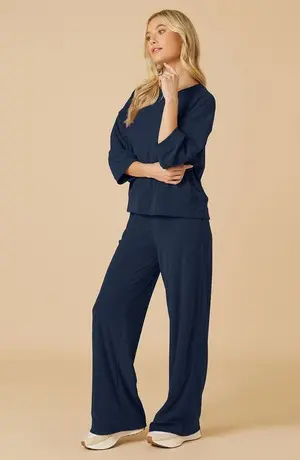 SOFTIES Terry Cropped Sleeve Crew Neck With Wide Leg Pant - Midnight