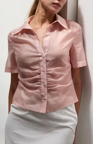 CRESCENT Tencel Blend Button-up Top - Pink