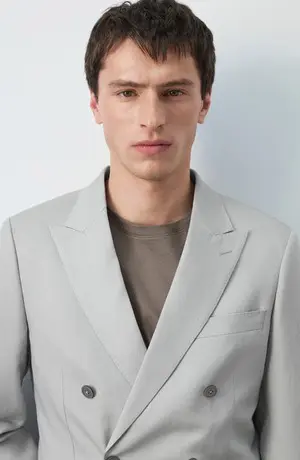 Mango Amalfi Linen Slim Fit Double Breast Blazer - Grey