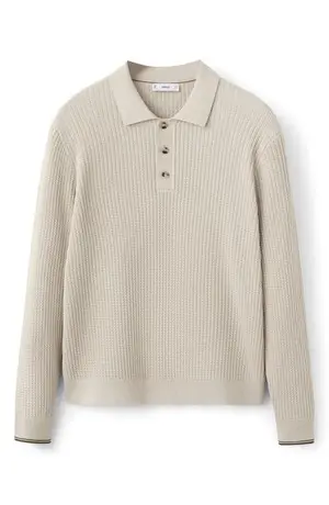 Mango Braided Cotton Blend Polo Sweater - Sand