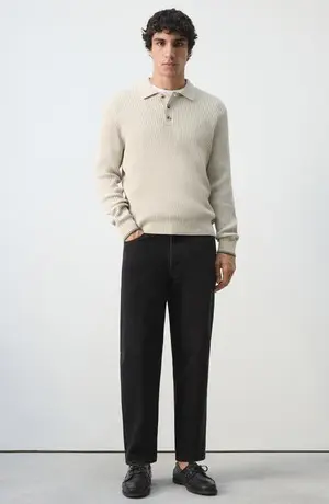 Mango Braided Cotton Blend Polo Sweater - Sand