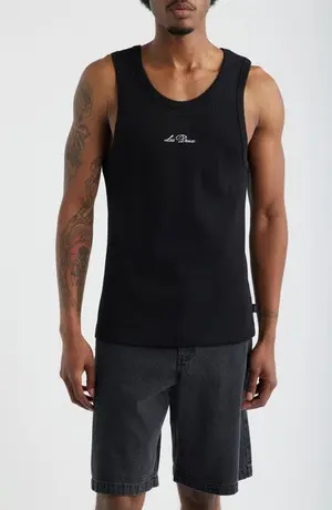 LES DEUX Arthur Logo Embroidered Rib Tank - Black