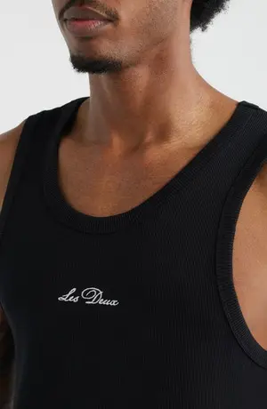 LES DEUX Arthur Logo Embroidered Rib Tank - Black