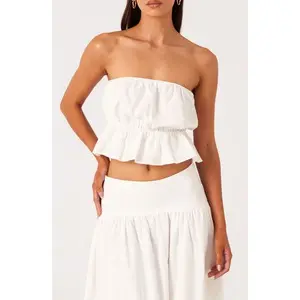 SNDYS. Nesa Strapless Linen & Cotton Peplum Crop Top - White