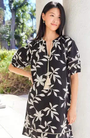 Karen Kane Floral Embroidered Puff Sleeve Cotton Shift Dress - Black