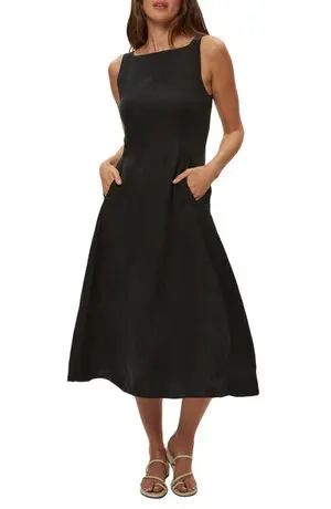 Michael Stars Palmira Fit & Flare Linen Blend Midi Dress - Black