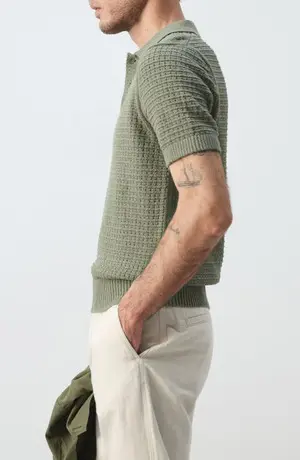Mango Waffle Knit Polo Sweater - Forest Green