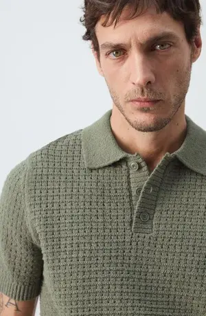 Mango Waffle Knit Polo Sweater - Forest Green