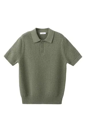 Mango Waffle Knit Polo Sweater - Forest Green