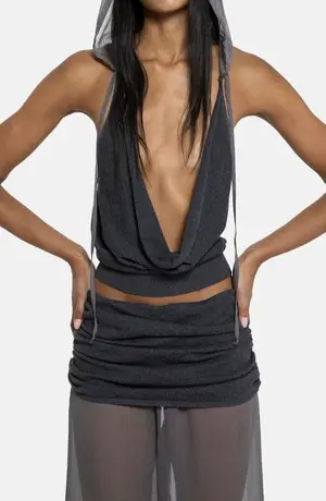 JADED LONDON Plunge Neck Knit Top With Chiffon Hood