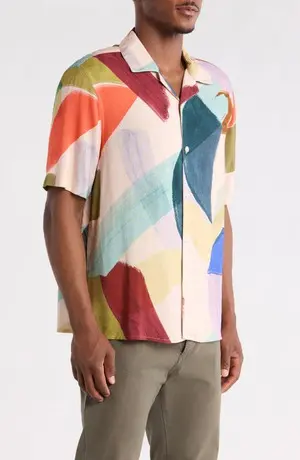 WAX LONDON Didcot Painted Shapes Camp Shirt - Green Multi