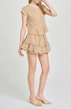 WAYF Aria Gingham Ruffle Miniskirt - Tan