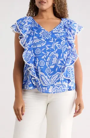 SUGARLIPS Marny Floral Ziva Ruffle Blouse Bluewht