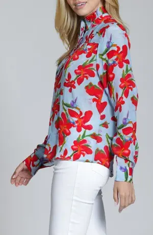 APNY Floral Ruffle Placket Top - Red Multi