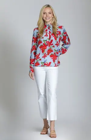 APNY Floral Ruffle Placket Top - Red Multi