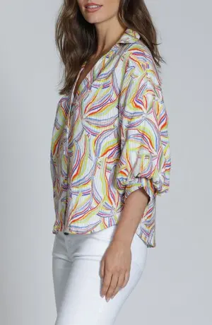 APNY Blouson Sleeve Cotton Blend Button-up Shirt - Blue Multi