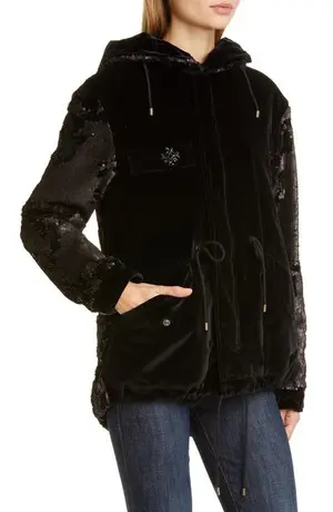 Mr & Mrs Italy Sequin Embellished Velvet Coat With Fox Fur Trim