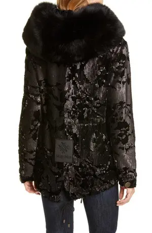 Mr & Mrs Italy Sequin Embellished Velvet Coat With Fox Fur Trim