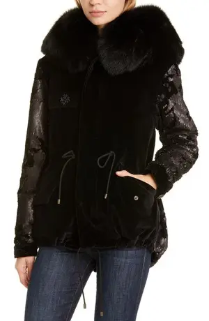 Mr & Mrs Italy Sequin Embellished Velvet Coat With Fox Fur Trim