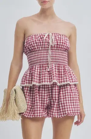 MAUDE CLUB Floral Gingham Smocked Peplum Top