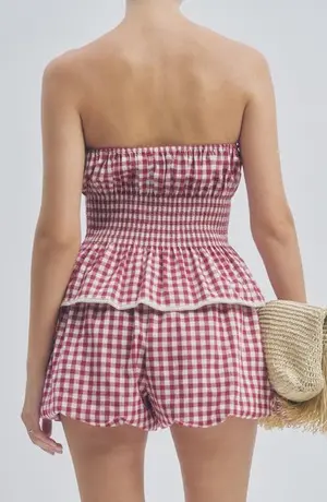 MAUDE CLUB Floral Gingham Smocked Peplum Top