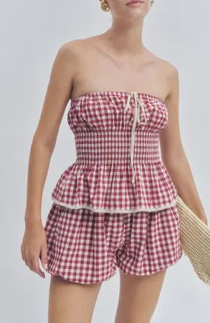 MAUDE CLUB Floral Gingham Smocked Peplum Top