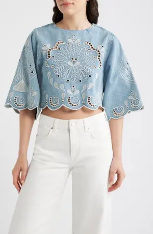 Farm Rio Eyelet Detail Crop Top - Denim