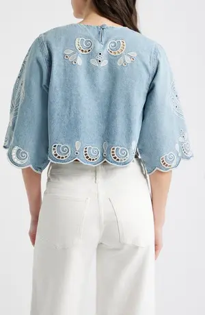Farm Rio Eyelet Detail Crop Top - Denim