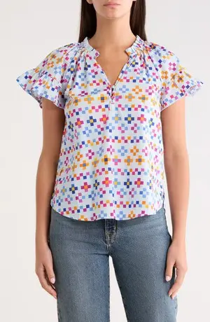 SUGARLIPS Kessa Geo Macy Ruffle Cotton Top - Light Blue Multi