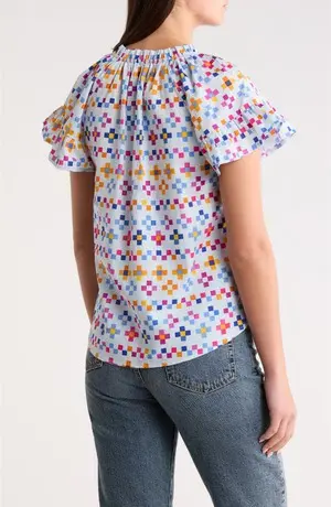 SUGARLIPS Kessa Geo Macy Ruffle Cotton Top - Light Blue Multi