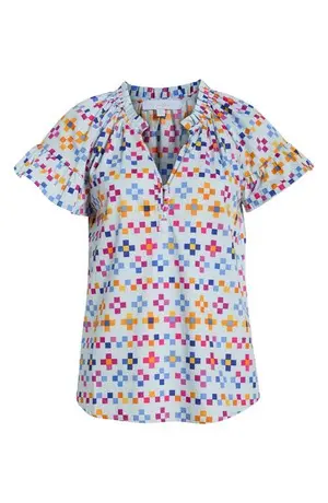 SUGARLIPS Kessa Geo Macy Ruffle Cotton Top - Light Blue Multi