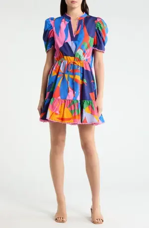 SUGARLIPS Chroma Lace Trim Puff Sleeve Cotton Dress - Red-blue-multi
