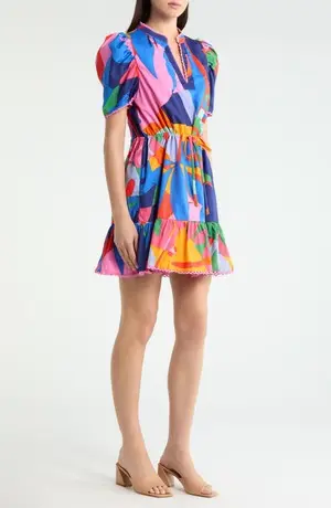 SUGARLIPS Chroma Lace Trim Puff Sleeve Cotton Dress