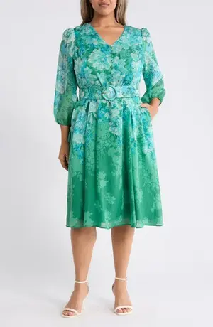 TAHARI ASL Long Sleeve Printed Midi Dress