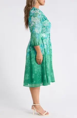 TAHARI ASL Long Sleeve Printed Midi Dress