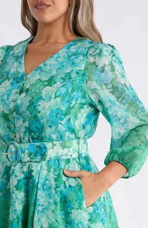 TAHARI ASL Long Sleeve Printed Midi Dress
