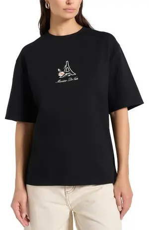 Manière De Voir Floral Eiffel Cotton T-shirt - Black