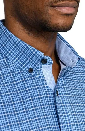 CON.STRUCT Slim Fit Houndstooth Plaid Woven Short Sleeve Basic Shirt - Light Blue/navy
