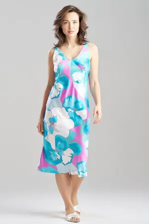 Natori Floria Printed Satin Slip Dress - Blue