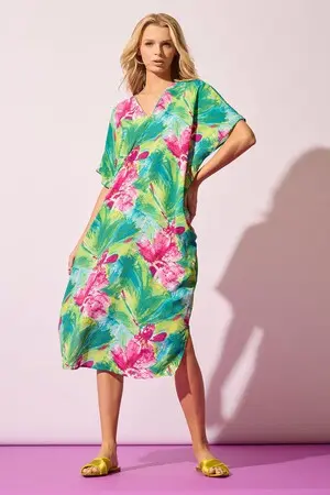 Natori Tropic Crinkle Caftan - Green