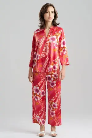 Natori Magnolia Printed Satin Mandarin Pj Set - Red