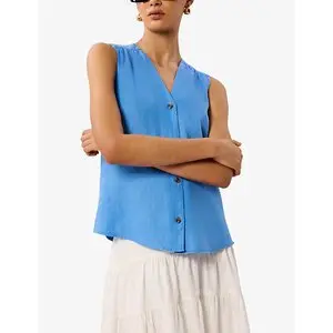 Whistles Laura V-neck Linen Tank Top - Blue
