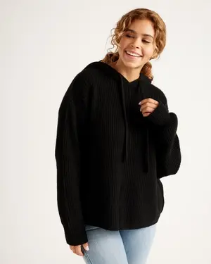 Quince Mongolian Spring Cashmere Fisherman Pullover Hoodie - Black