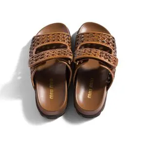 Miu Miu Woven Leather Sandals - Cognac