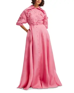 LEO LIN Junia Applique Puff Sleeve Silk Gown - Fuchsia