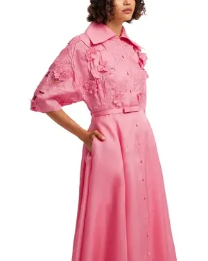 LEO LIN Junia Applique Puff Sleeve Silk Gown - Fuchsia
