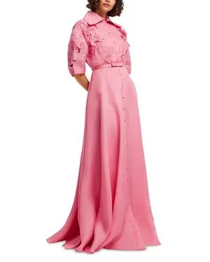 LEO LIN Junia Applique Puff Sleeve Silk Gown - Fuchsia