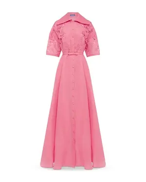 LEO LIN Junia Applique Puff Sleeve Silk Gown - Fuchsia