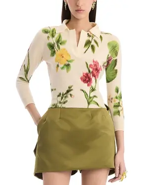Oscar De La Renta Printed Collared Wool Sweater